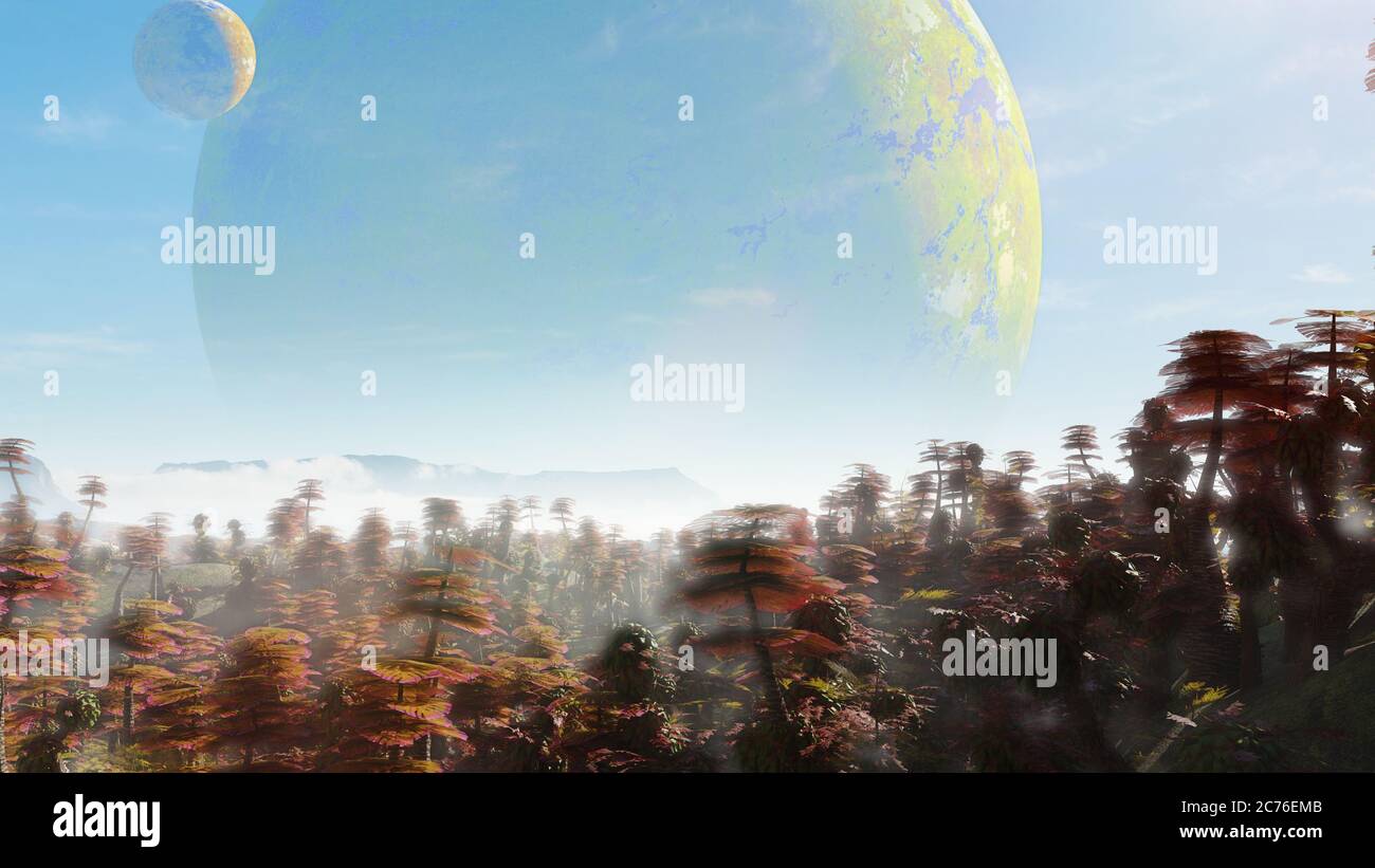 exoplanet landscape, beautiful forest on an alien world Stock Photo - Alamy