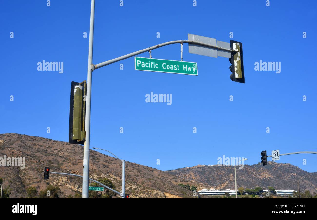 Malibu, California, USA street sign with Pacific Coast Hwy written an ...