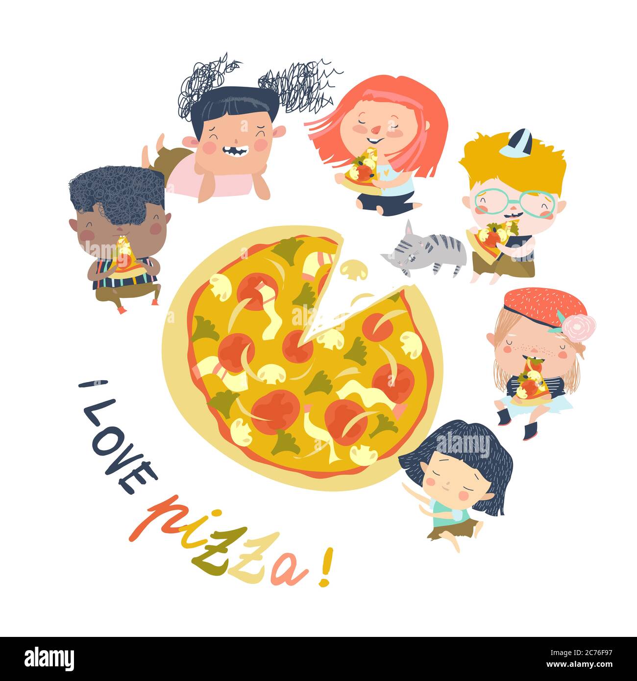 Cartoon hungry children eating pizza on a white background Stock Vector ...