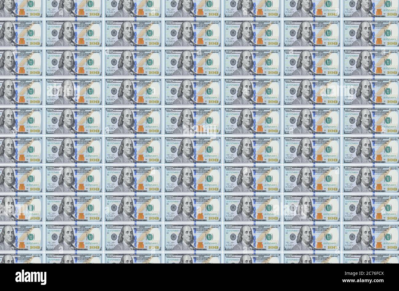 100 US dollars bills printed in money production conveyor. Collage of ...