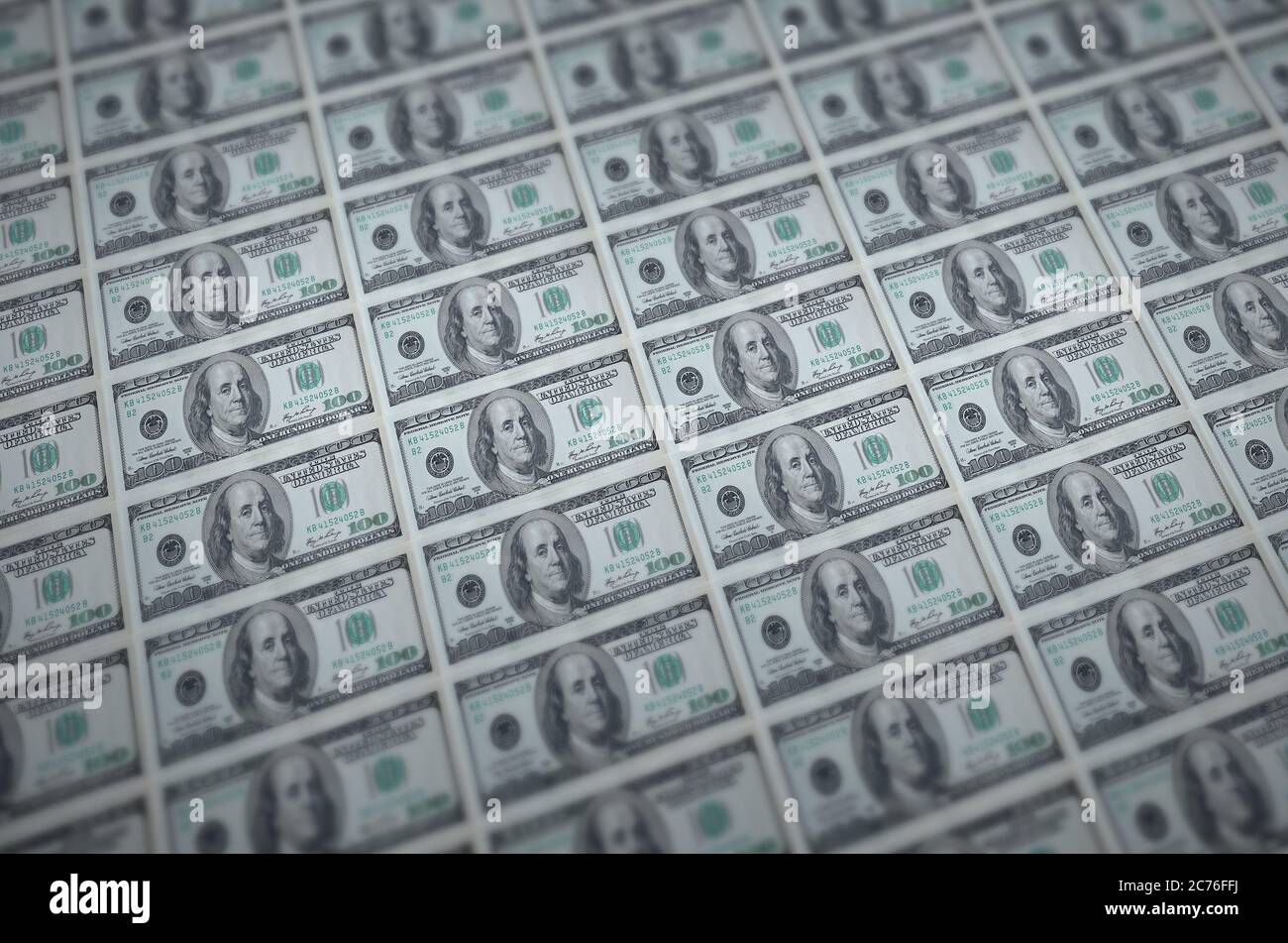 100 US dollars bills printed in illegal money production conveyor ...