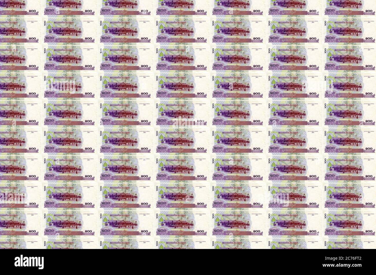 100 Cambodian riels bills printed in money production conveyor. Collage ...