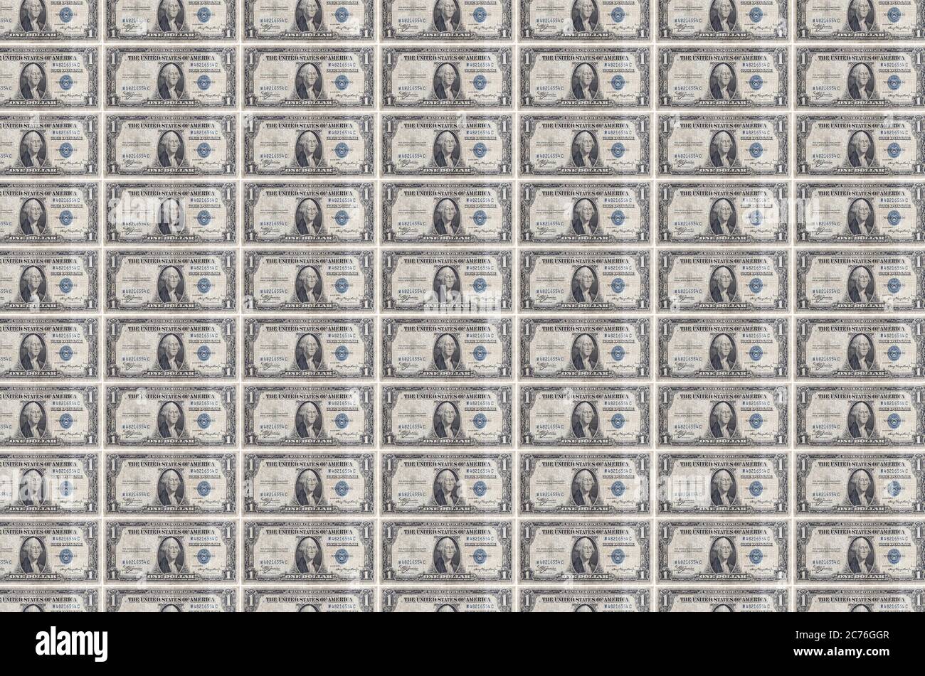 1 US dollar bills printed in money production conveyor. Collage of many ...