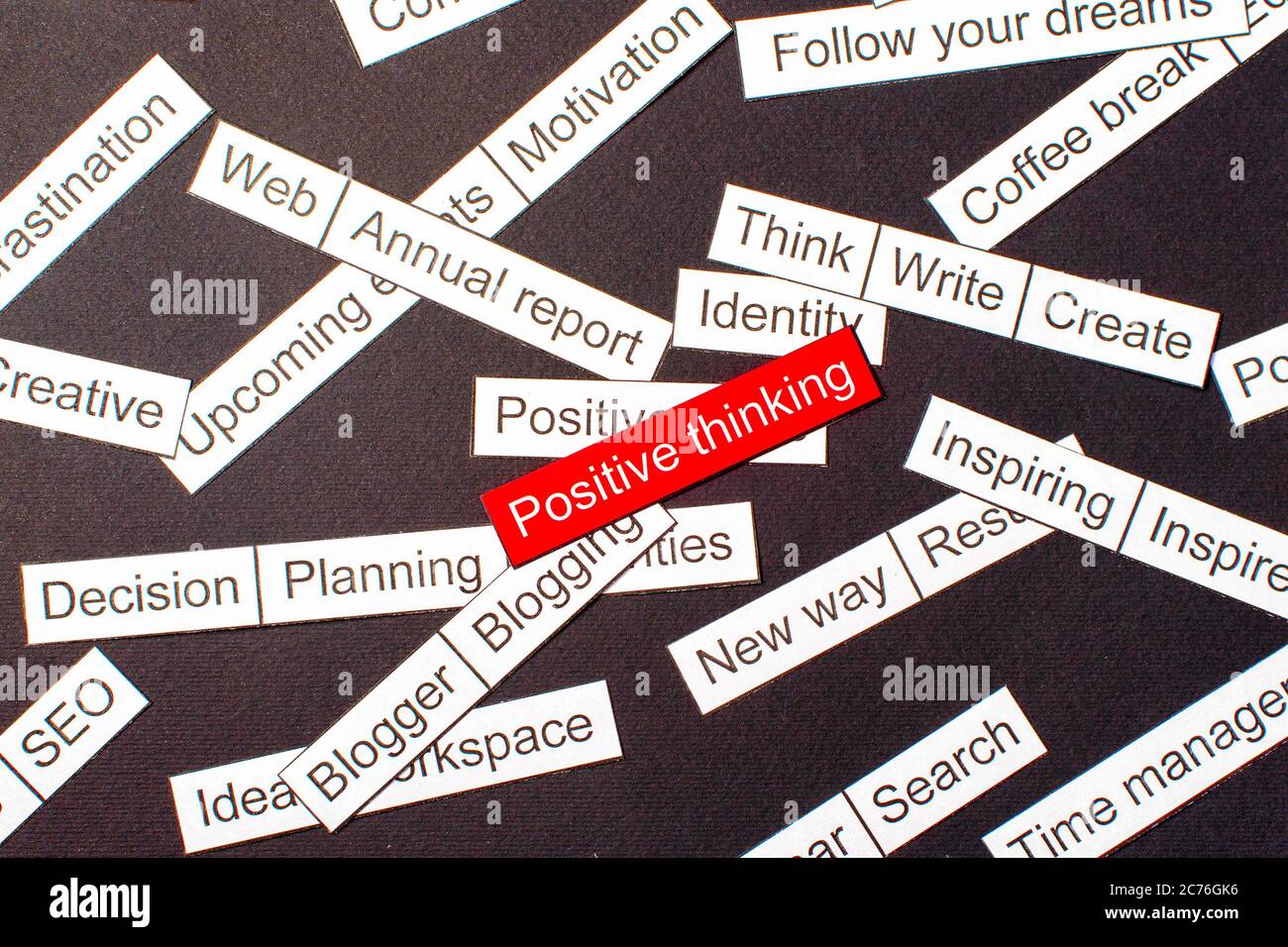 Cut paper inscription positive thinking on a red background, surrounded ...