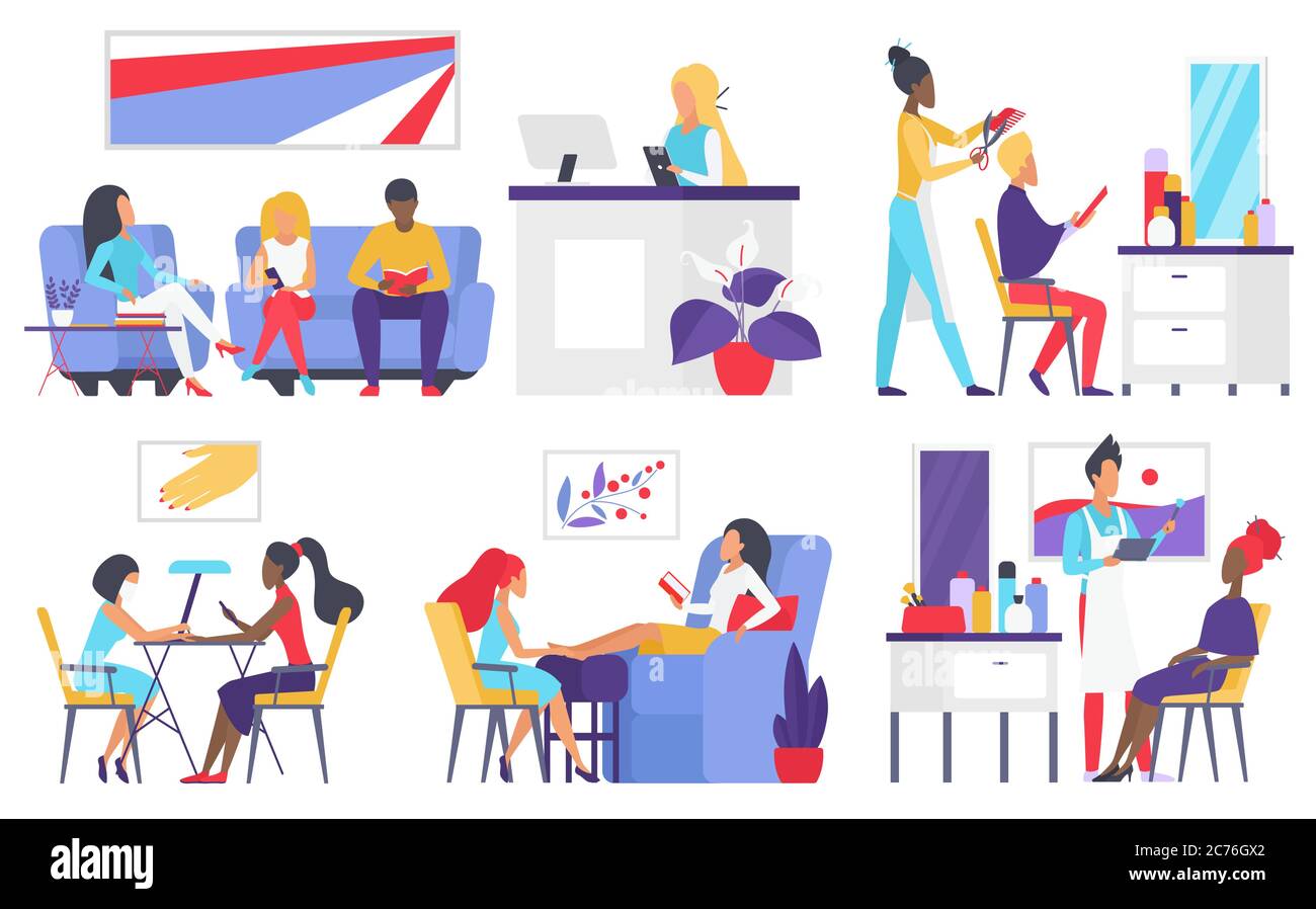 People in beauty salon vector illustration set. Cartoon flat ...