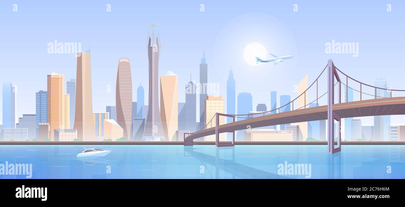 City bridge landscape vector illustration. Cartoon flat modern ...