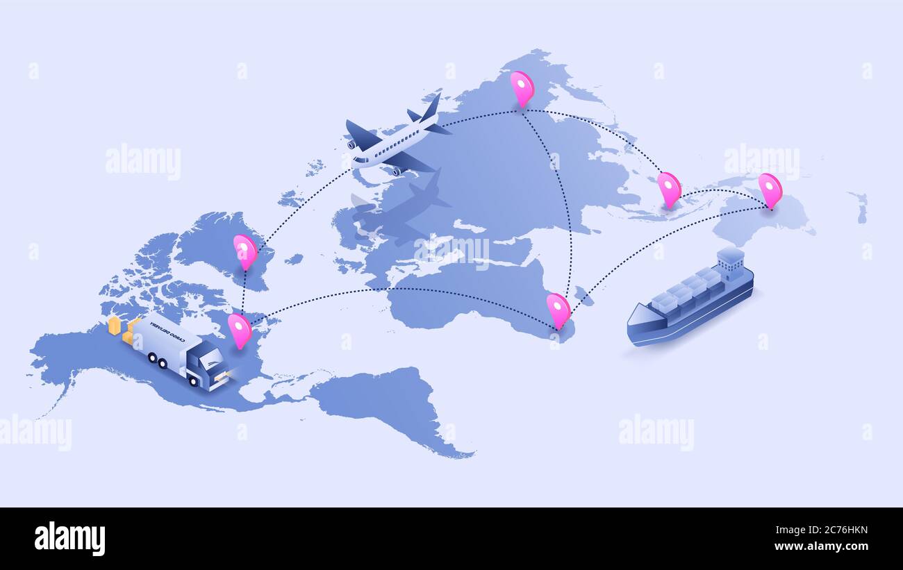 World map logistic tracking process via plane, truck, and shipping. 3D ...
