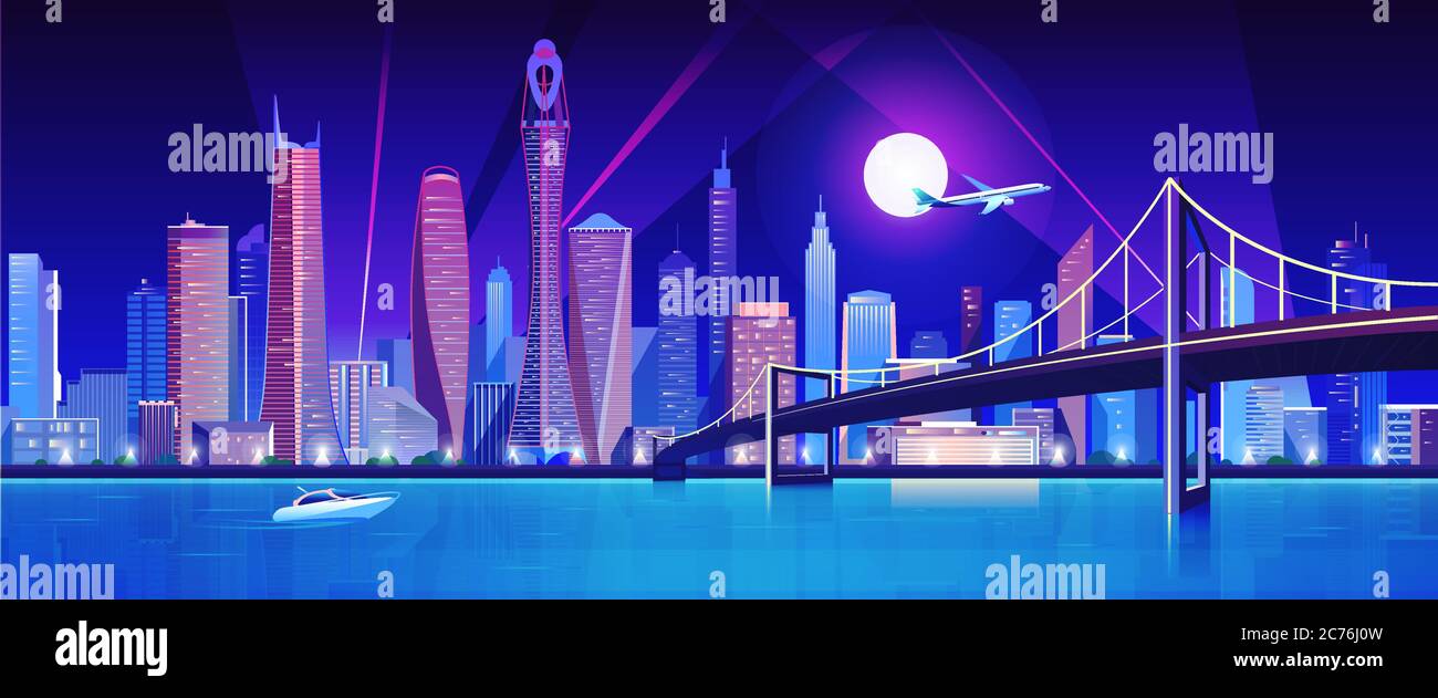 City bridge over water bay at night vector illustration. Cartoon flat ...