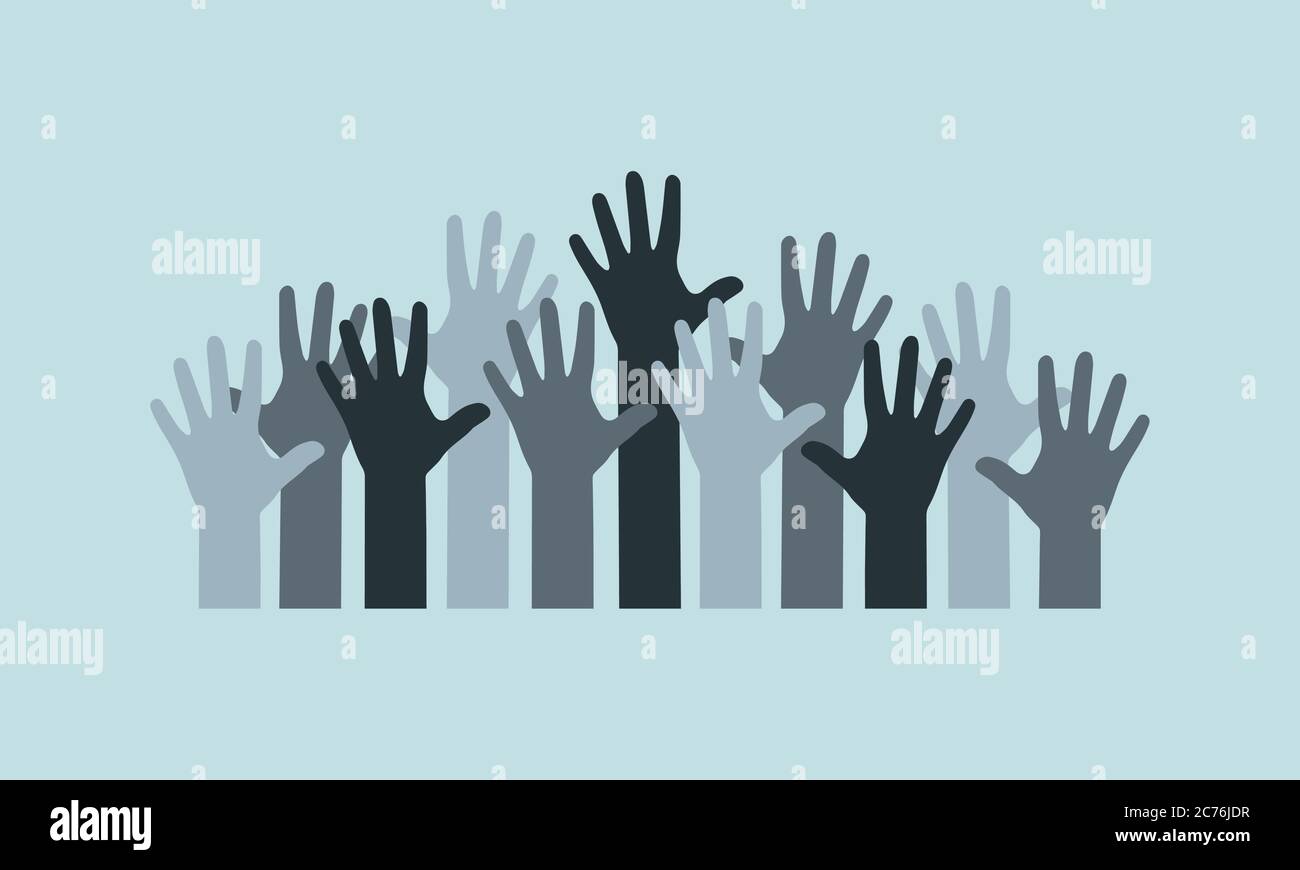 Group people hands up, volunteer or voting concept background, human ...