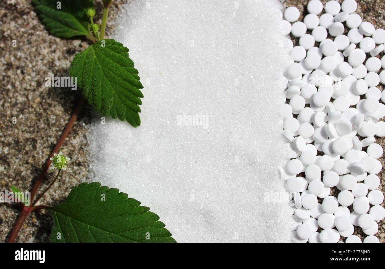 The picture shows a candy leaf, sugar and sweetener on a stone floor ...