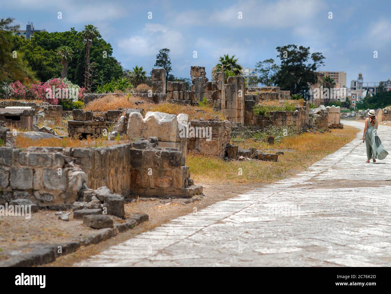 Tourist Woman Walking Along Ruins - Landmark of Tyre. Enjoying Beauty ...