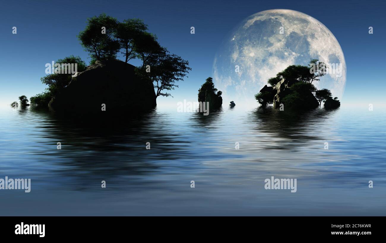 Large moon and islets Stock Photo - Alamy