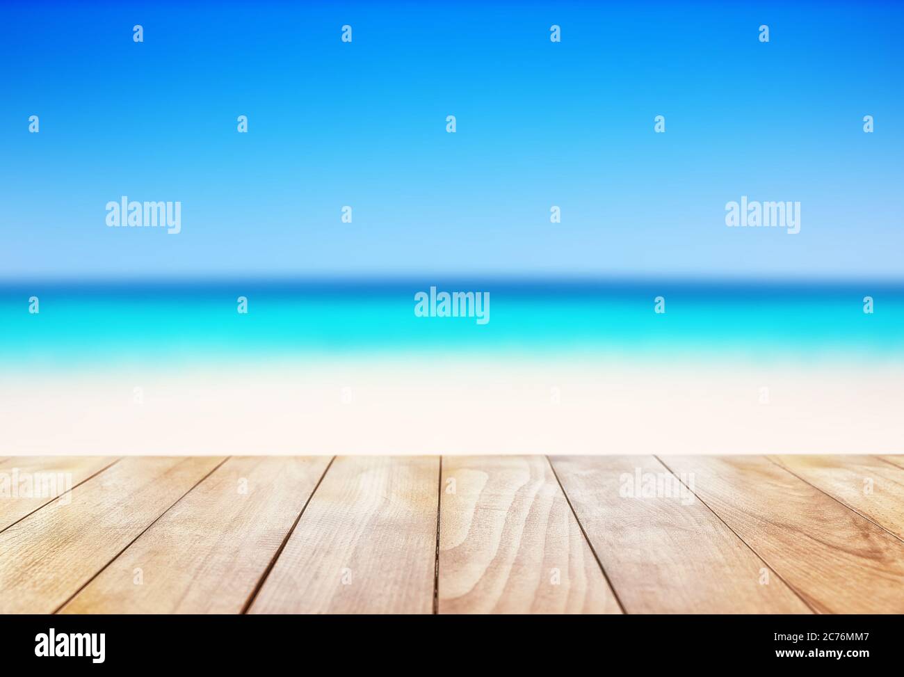 Wooden table top on blue sea and white sand beach background Stock ...