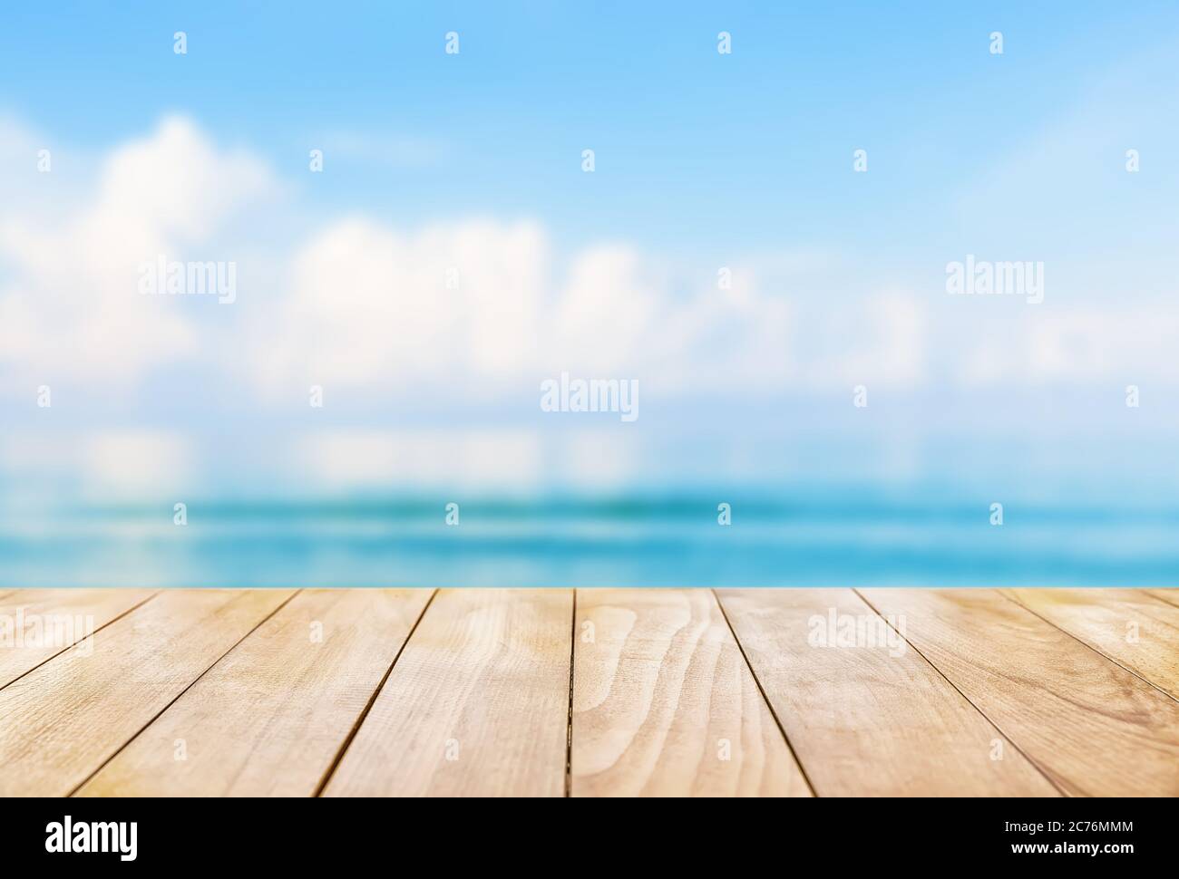 Wooden table top on blue sea and white sand beach background Stock ...
