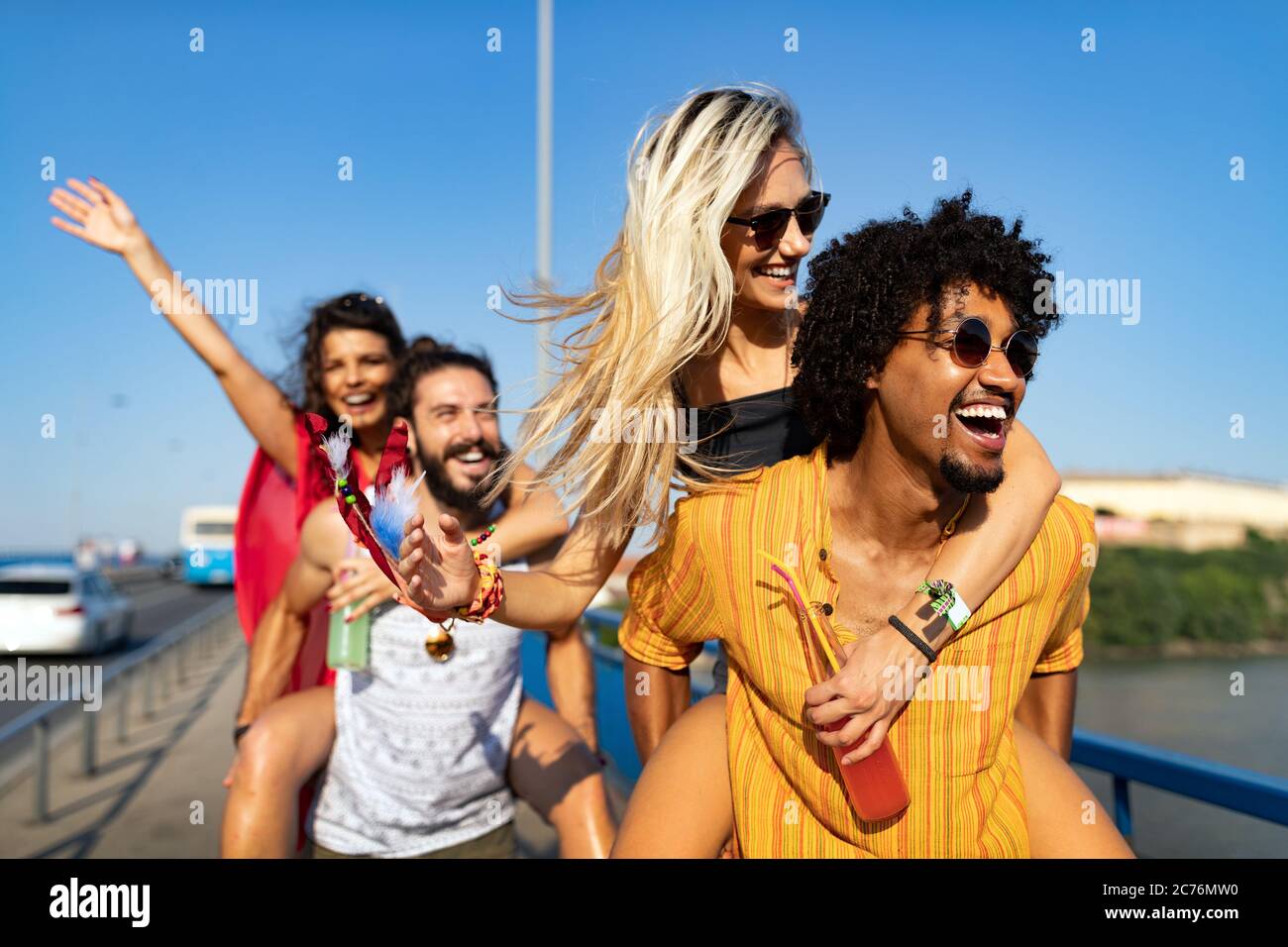 Group of friends having fun, traveling, smiling together outdoors Stock ...