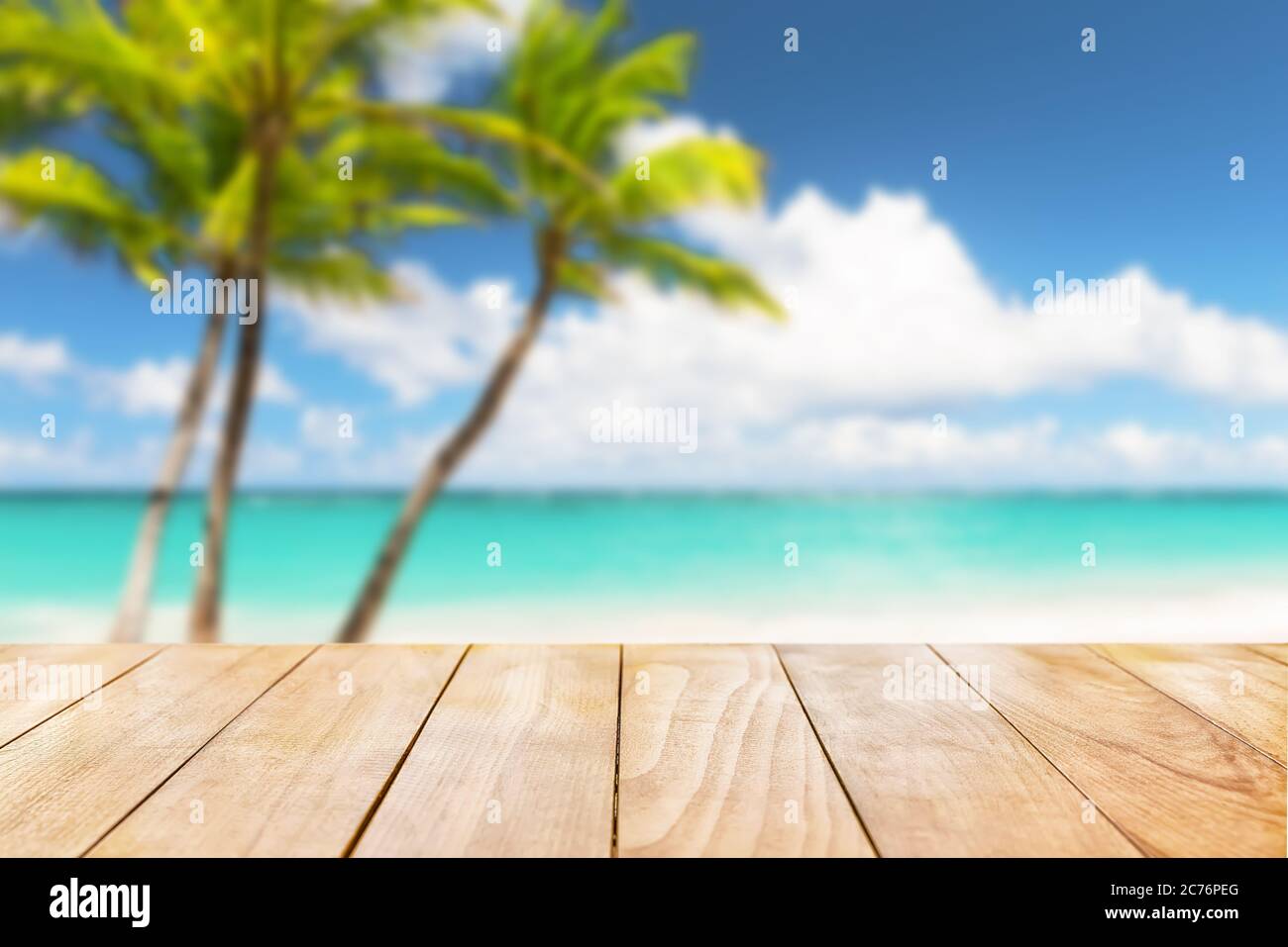 Wooden table top on blue sea and white sand beach background Stock ...