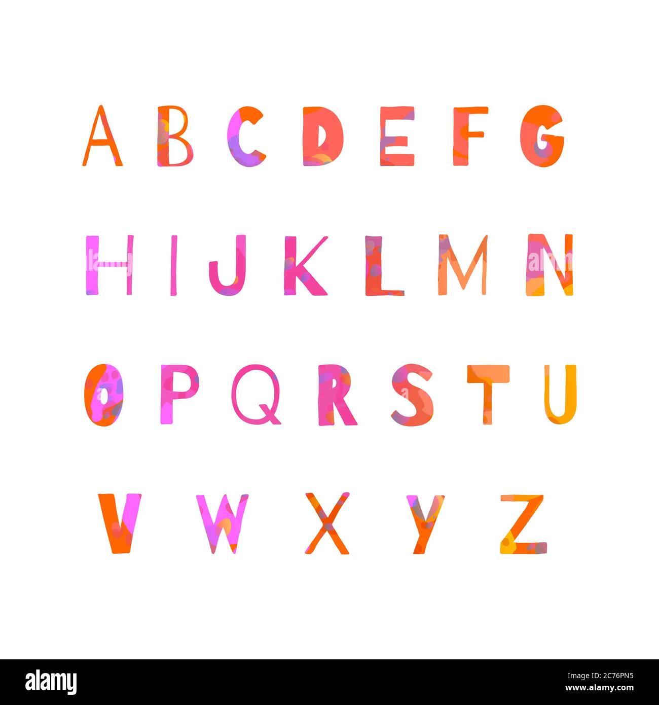 Alphabet in violet, orange, yellow, pink colors. Collage of abc ...