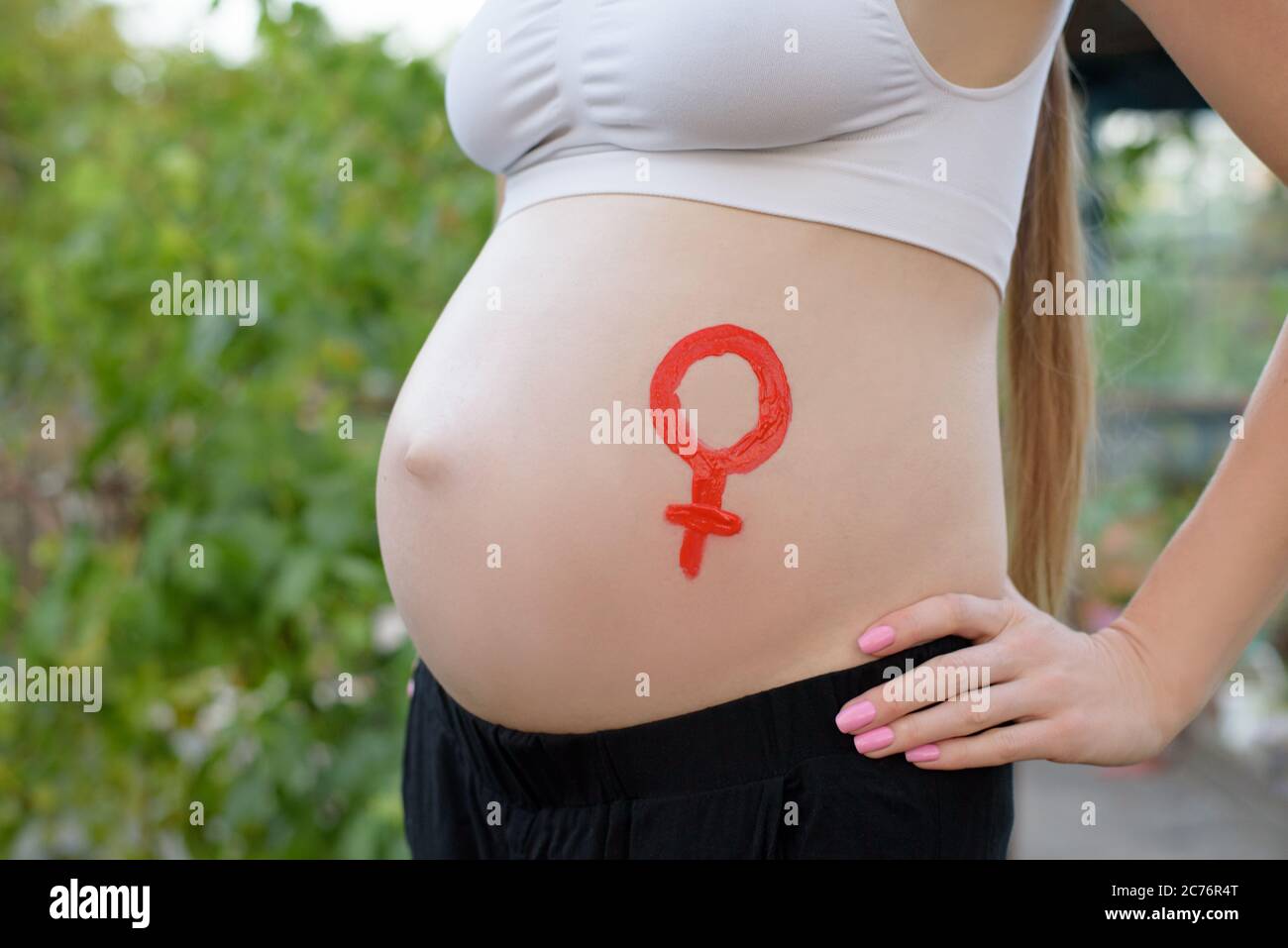 Gender female symbol drawn on a pregnant female belly. Pregnant concept ...