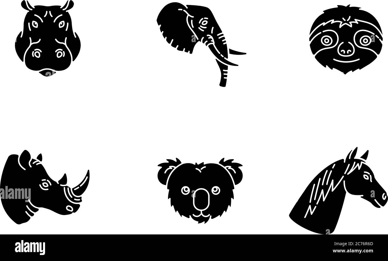 Animal heads black glyph icons set on white space. Exotic mammals ...