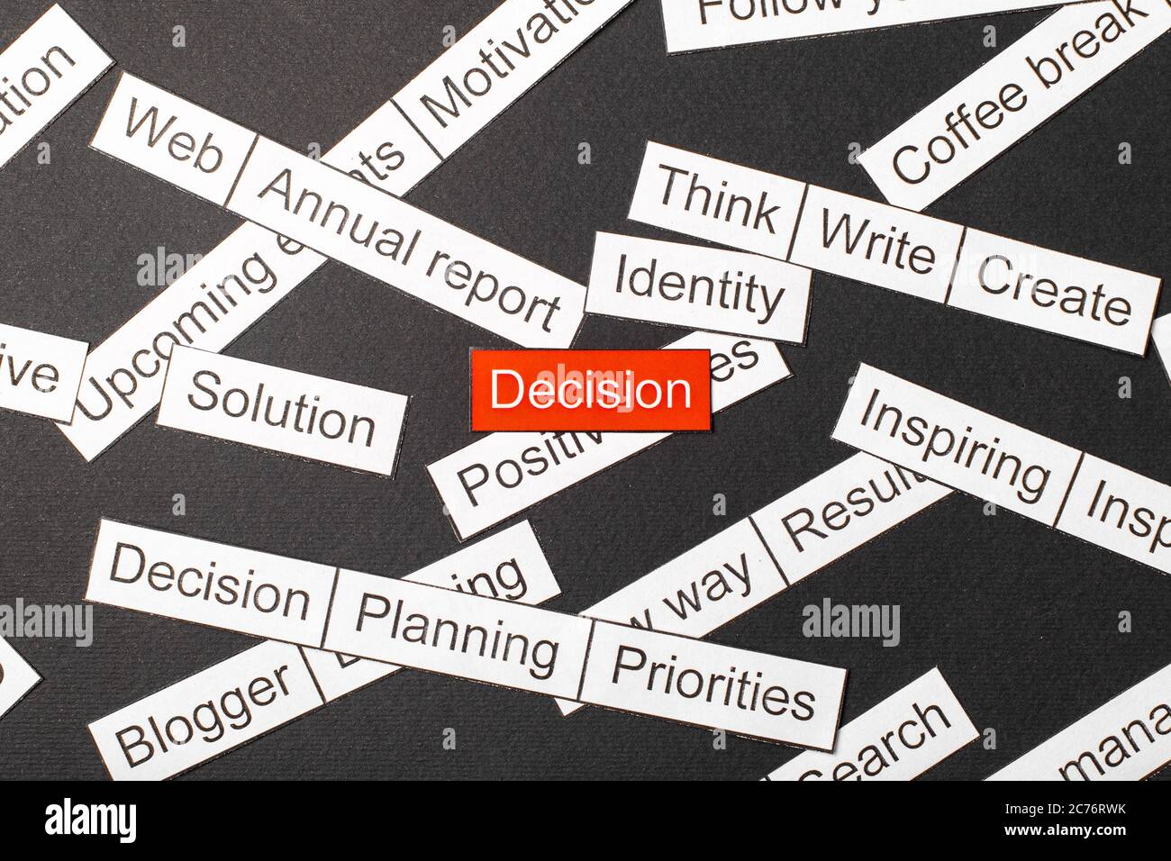 Cut paper inscription decision on a red background, surrounded by other ...