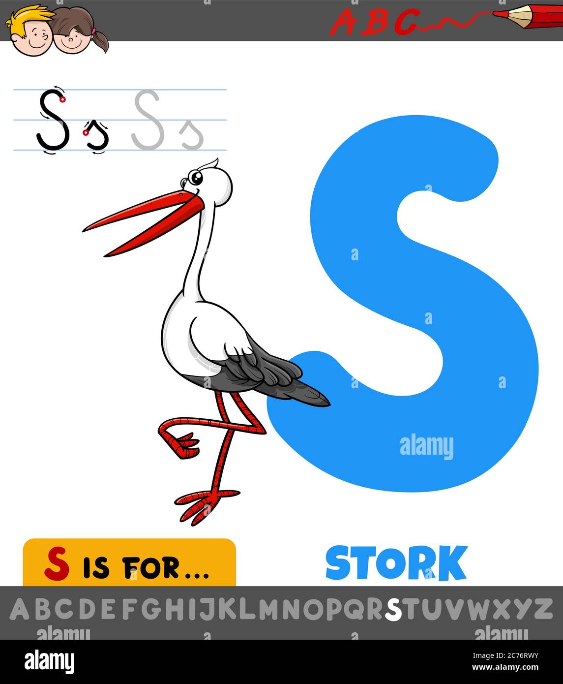 Educational Cartoon Illustration of Letter S from Alphabet with Stork ...