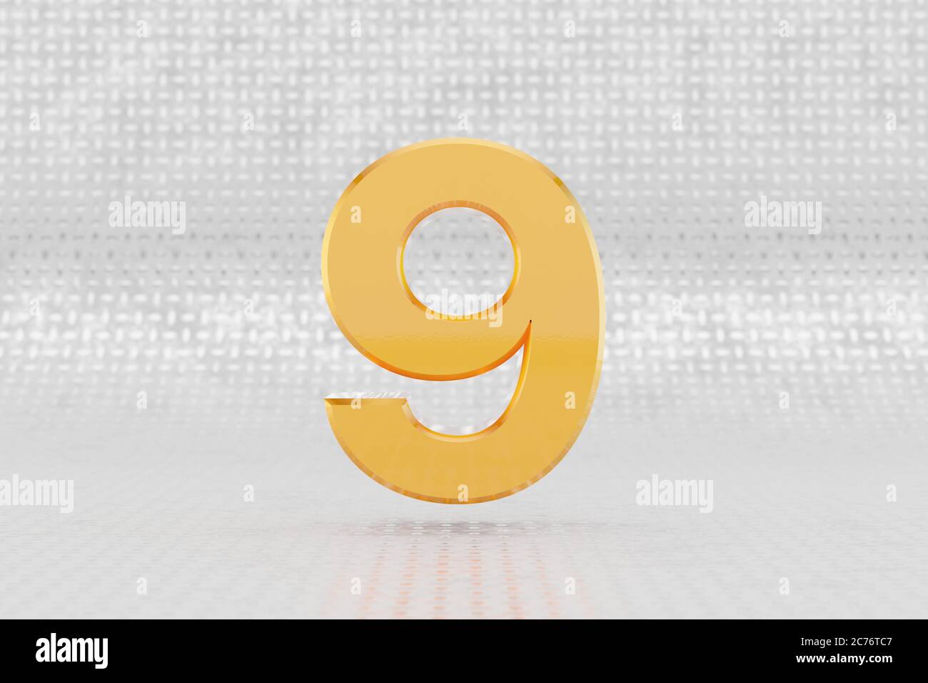 Yellow 3d number 9. Glossy yellow metallic number on metal floor ...