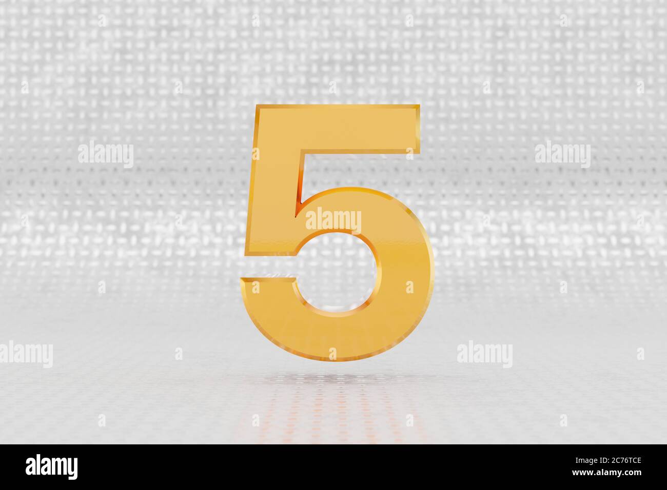 Yellow 3d number 5. Glossy yellow metallic number on metal floor ...