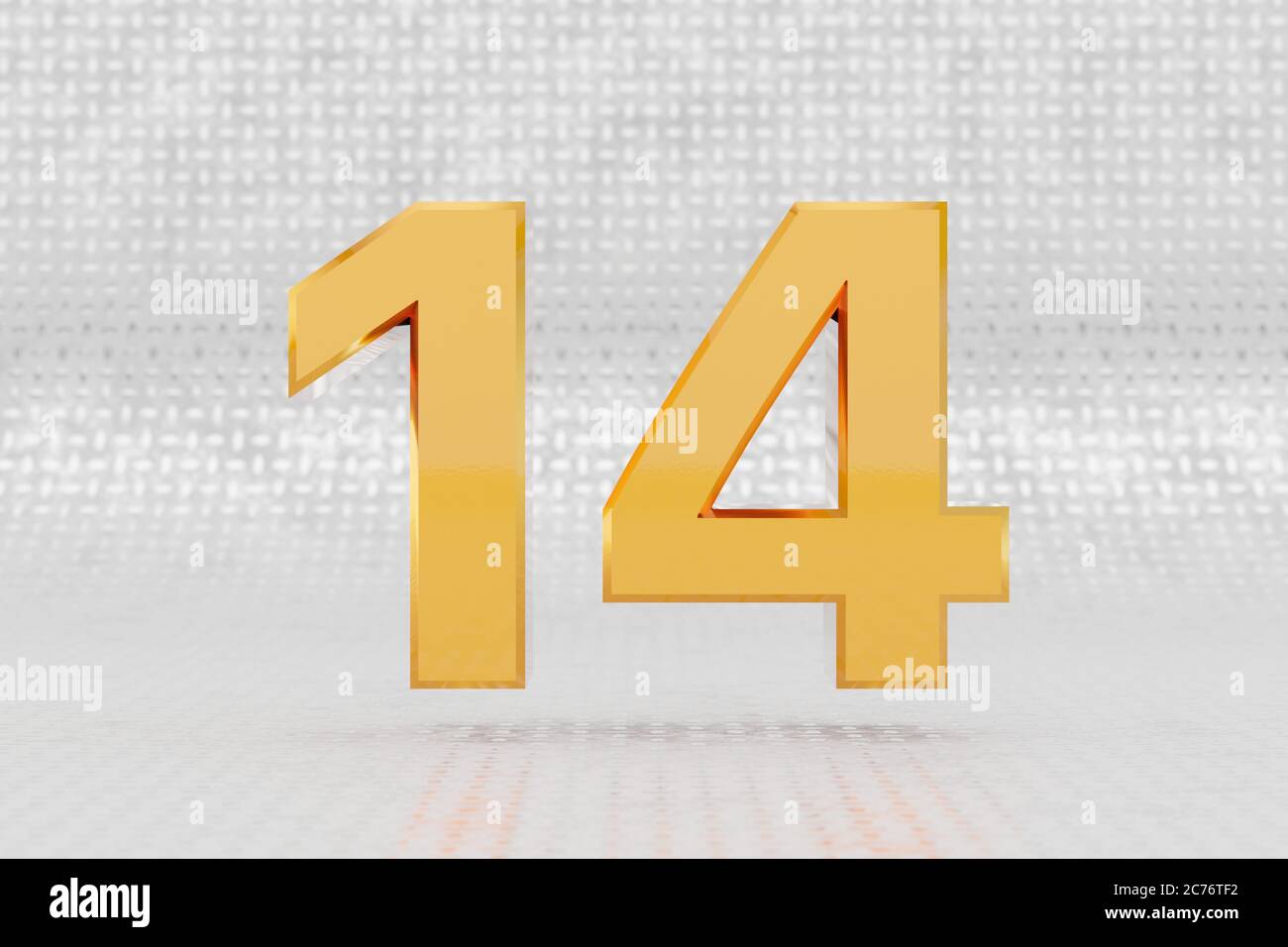 Yellow 3d number 14. Glossy yellow metallic number on metal floor ...