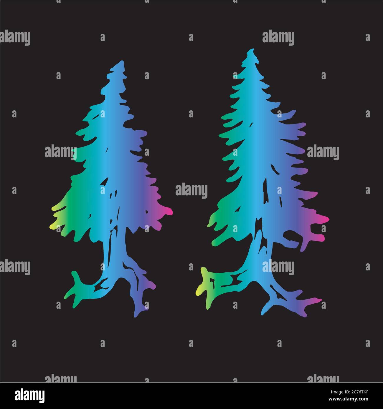 Color neon illustration of a running tree with a spiral ornament. The ...