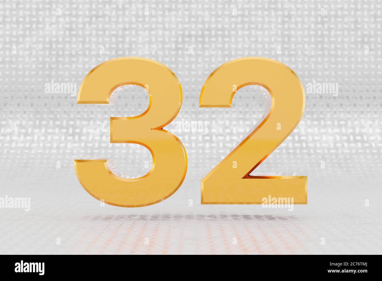 Yellow 3d number 32. Glossy yellow metallic number on metal floor ...