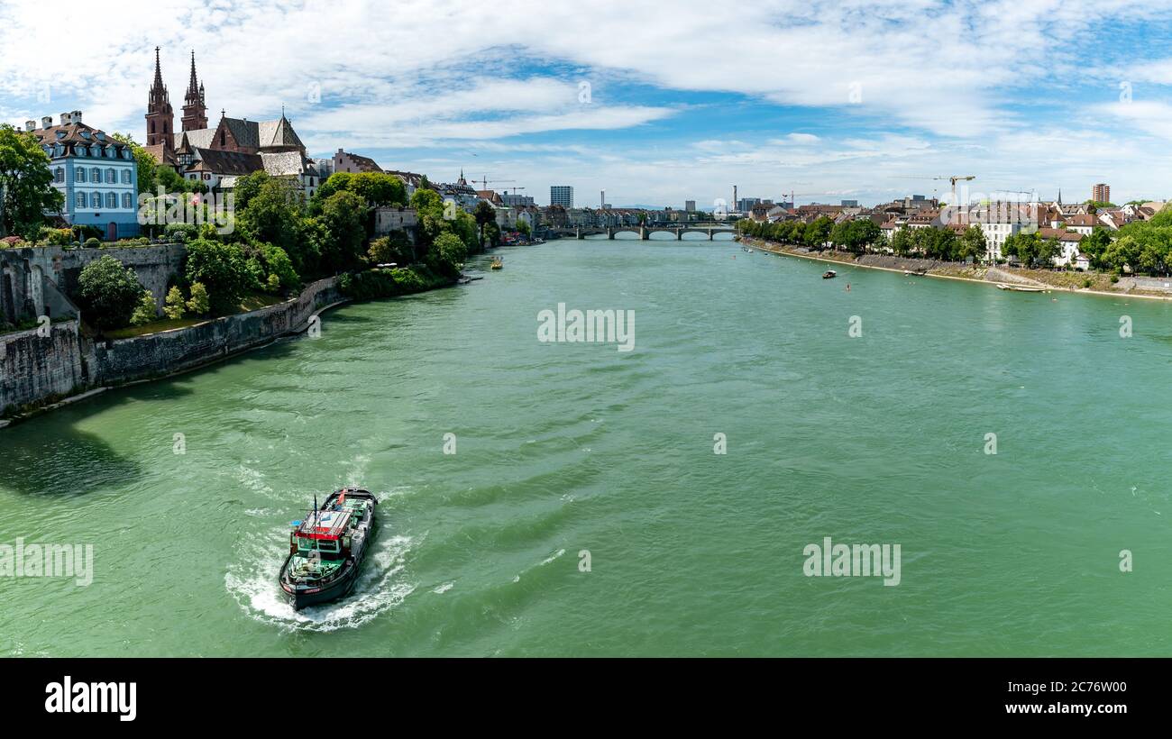 Basel, BL / Switzerland - 8 July 2020: a river tug boat travelling ...