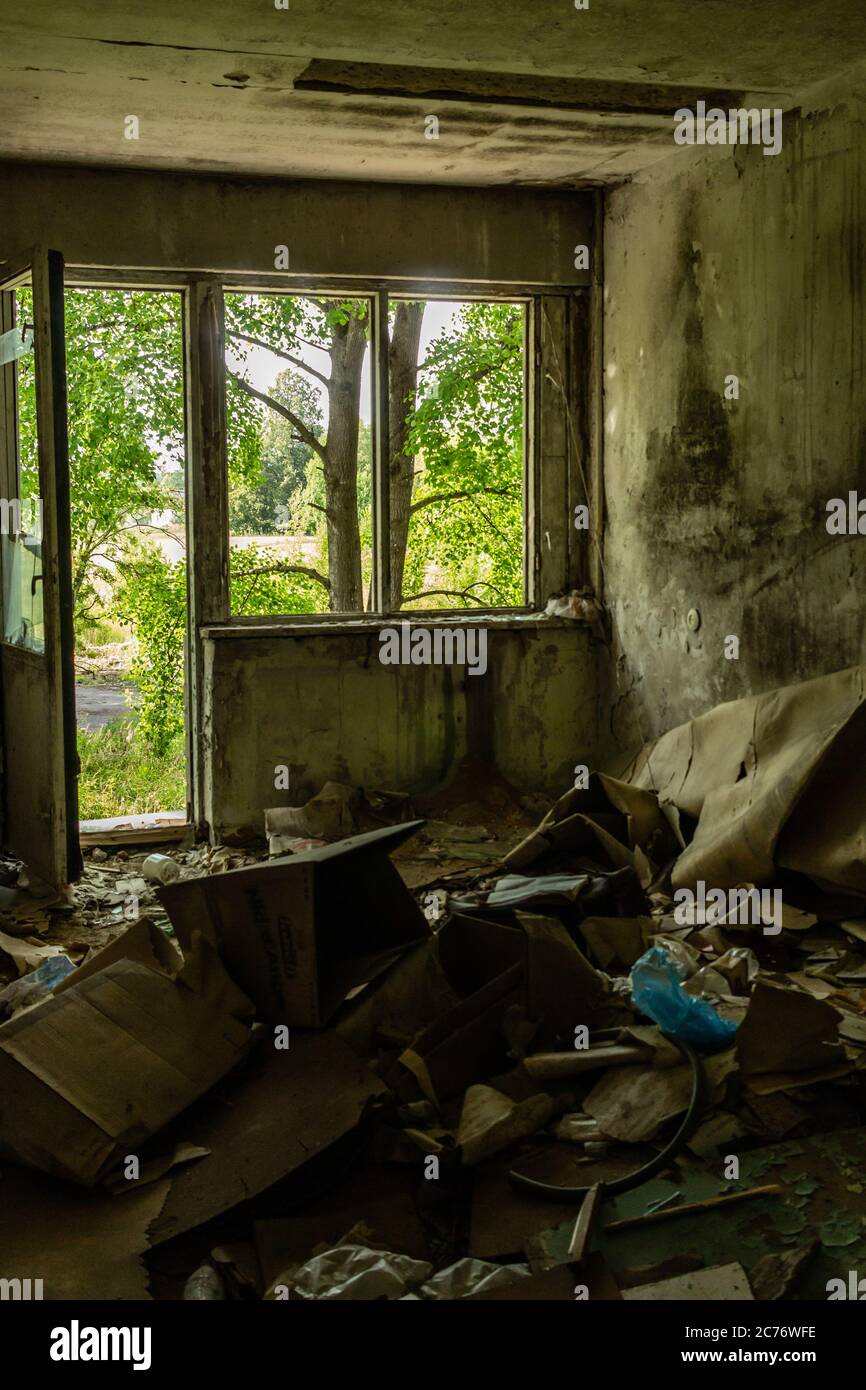 Abounded apartment room under construction, balcony doors Stock Photo ...