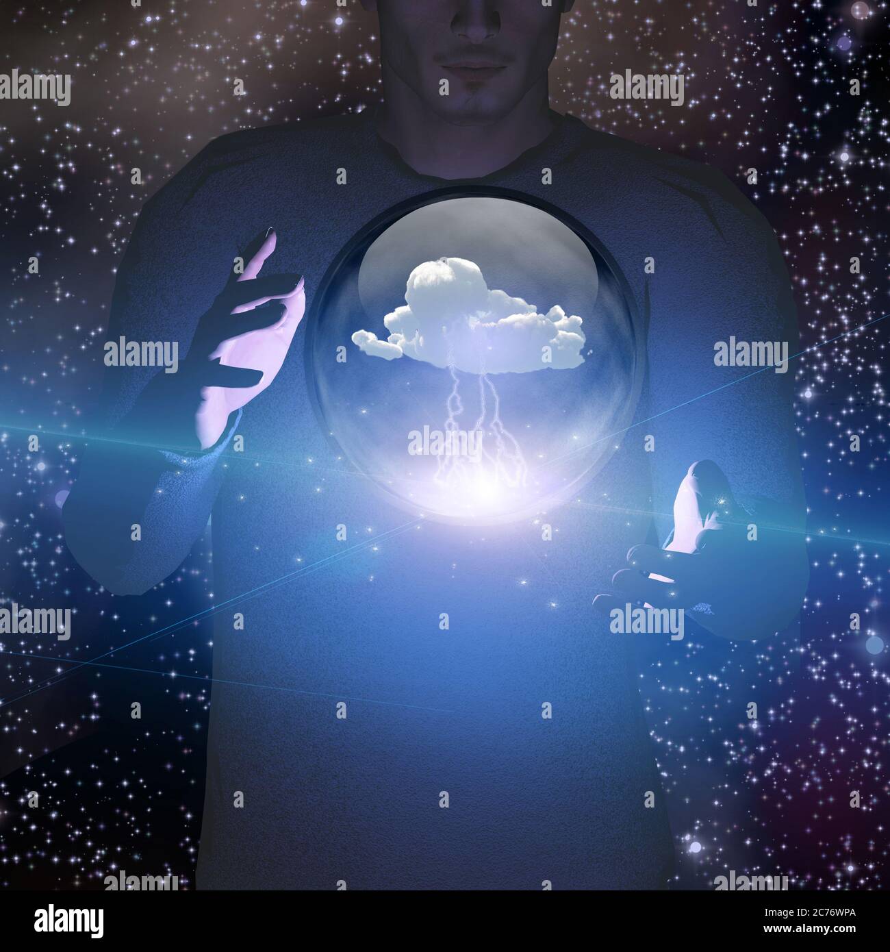 Man manipulation of sphere conmtaining cloud and lightning Stock Photo ...