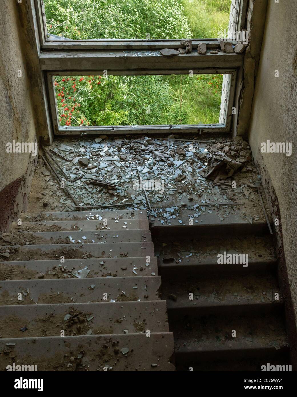 Old apartment building under construction abounded stairs room Stock ...
