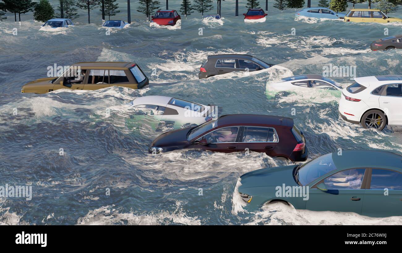 flooded road during a flood caused by heavy rain 3d rendering Stock ...