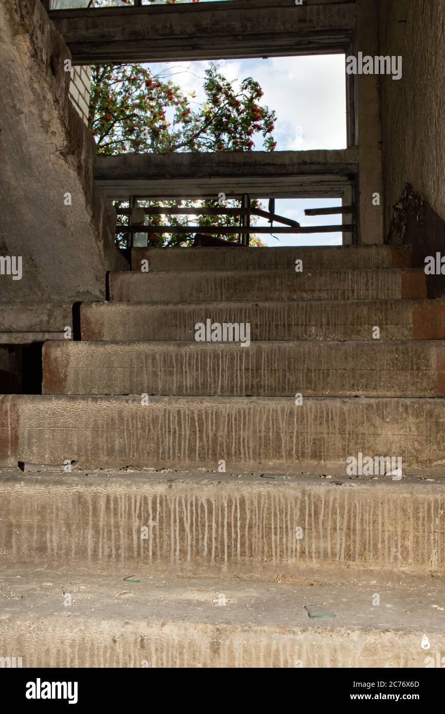 Old apartment building under construction abounded stairs room Stock ...