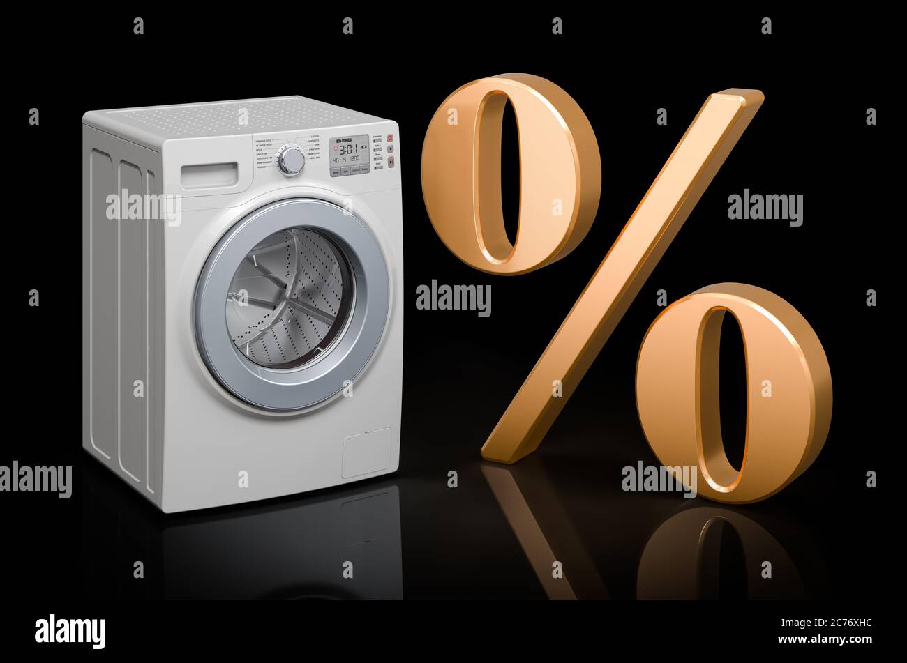 Washing machine with golden percent symbol. Discount concept, 3D ...
