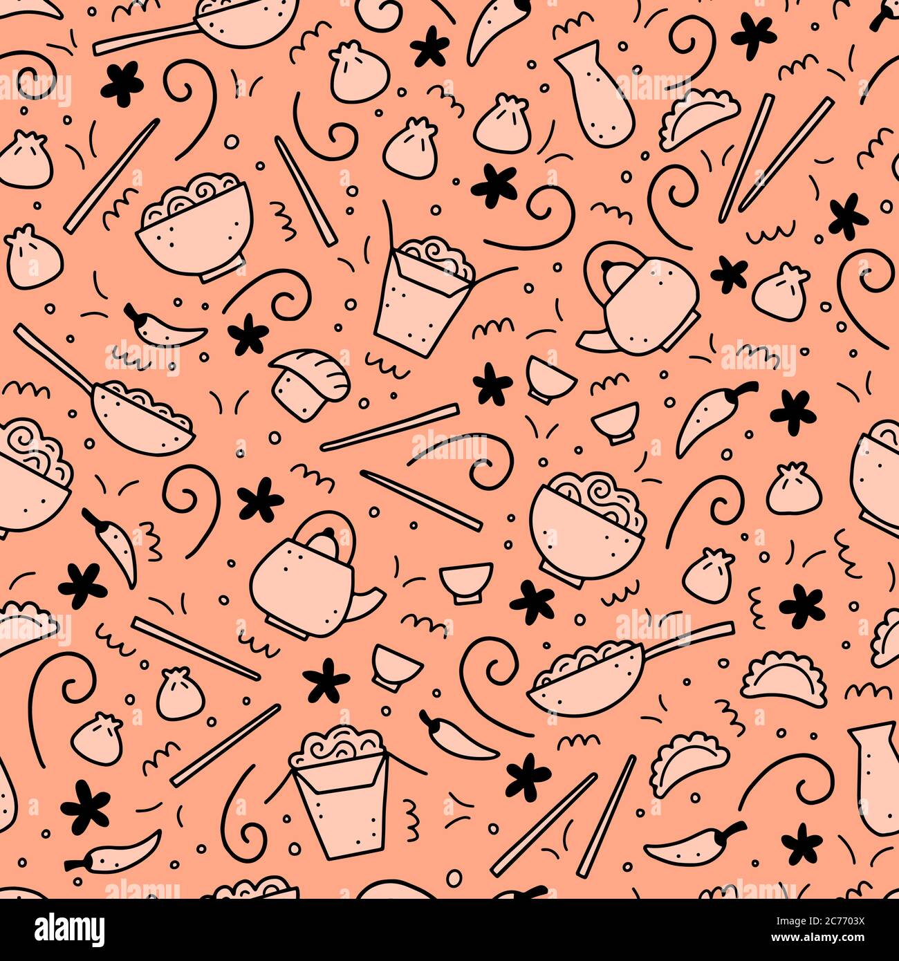 Hand drawn seamless pattern of Asian food elements, wok, ramen, noodle ...
