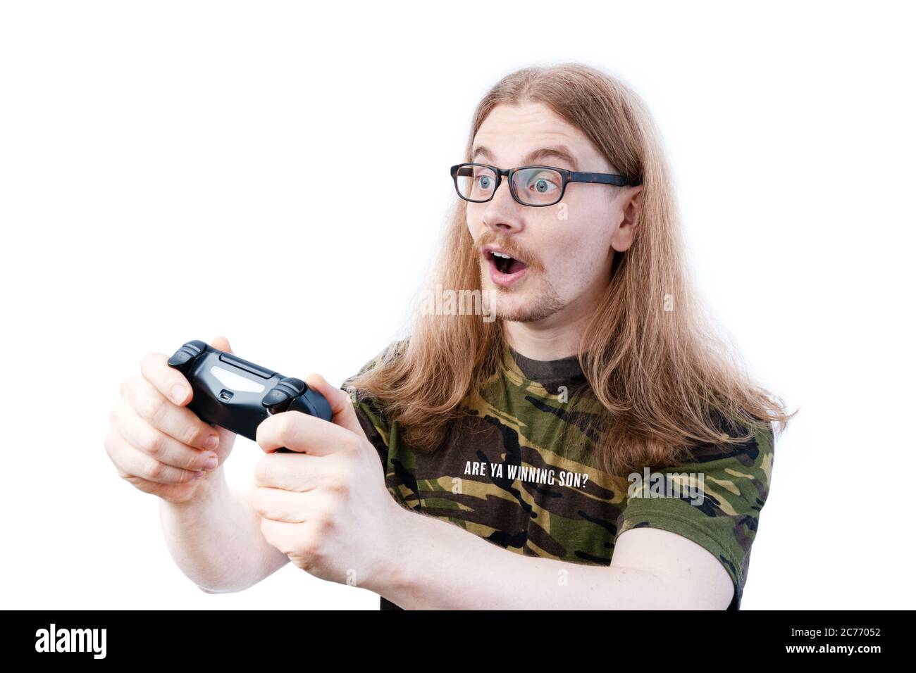 Happy Long Haired Gamer Playing Console Video Game Holding Controller ...