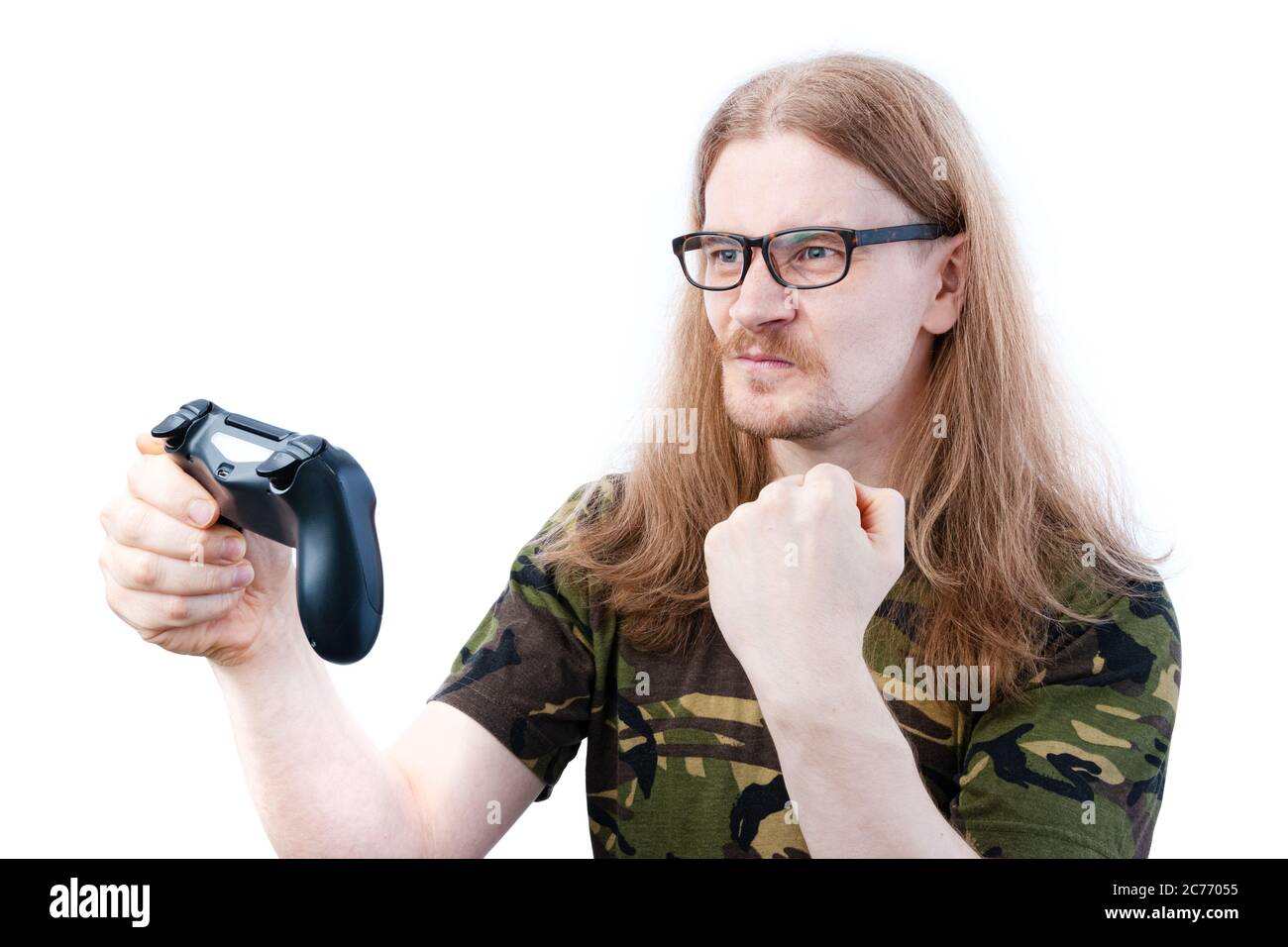 Long Haired Gamer Success Pumping Fist Holding Video Game Controller ...
