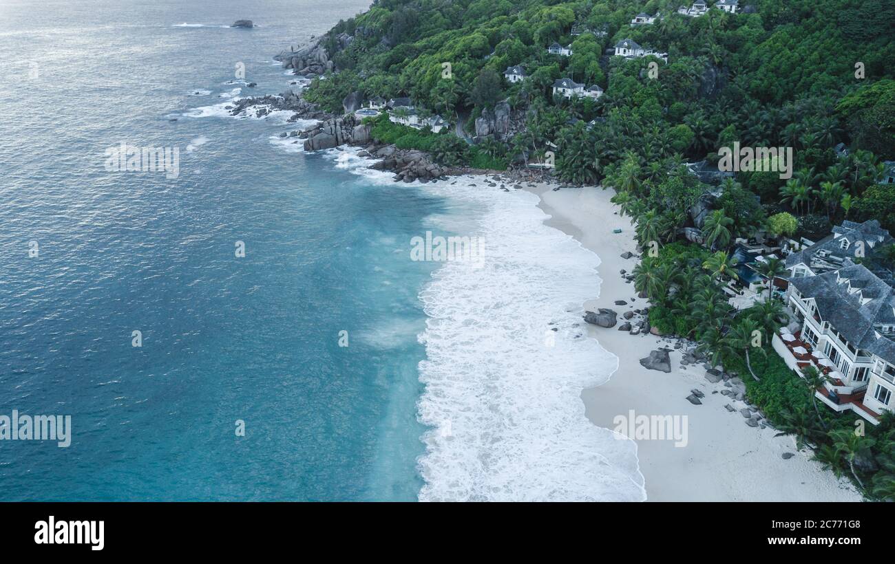 Seychelles beach Indian ocean from drone, shore and mountains Stock ...