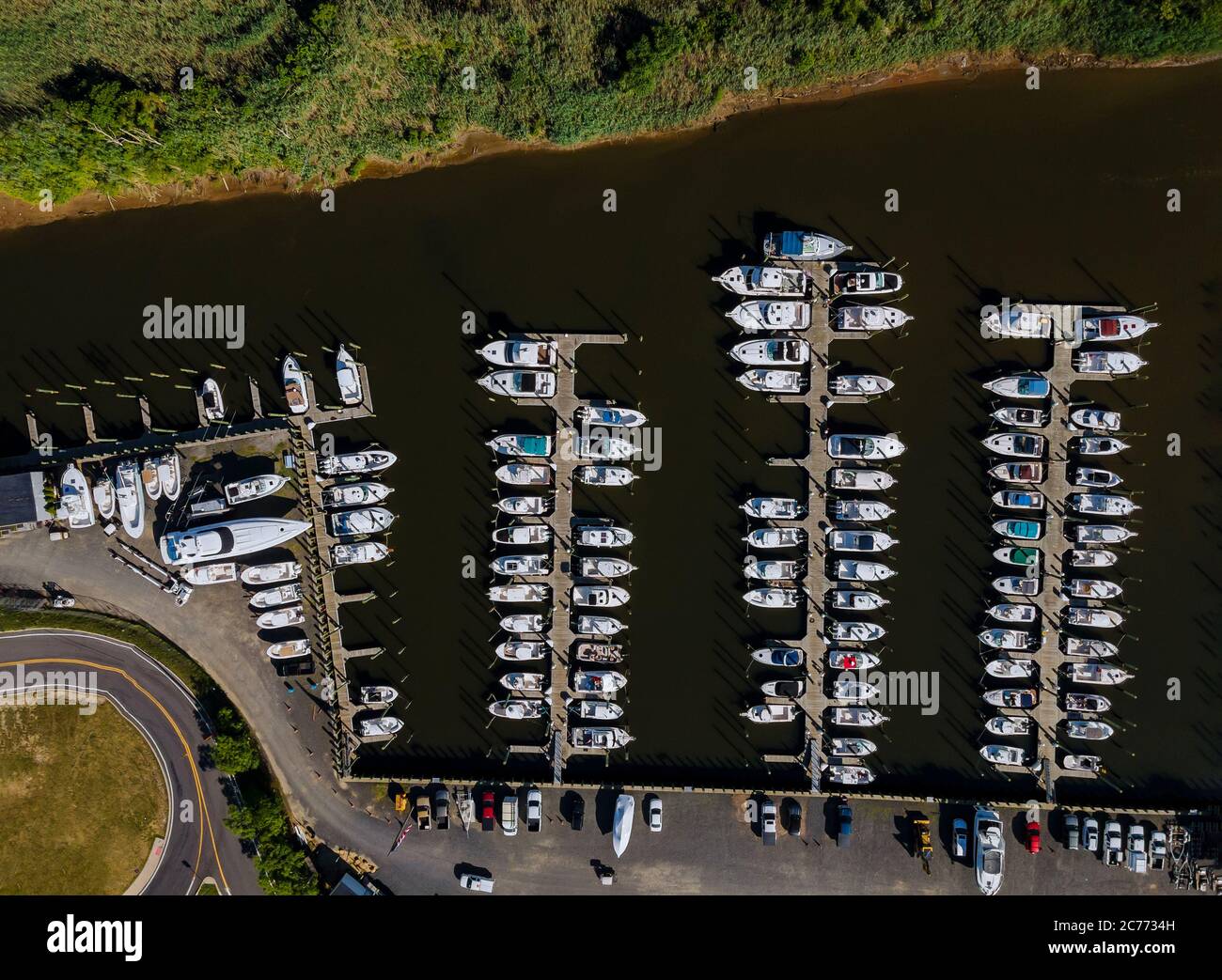 Aerial view of yacht parking marina in pier speedboat from above Stock ...
