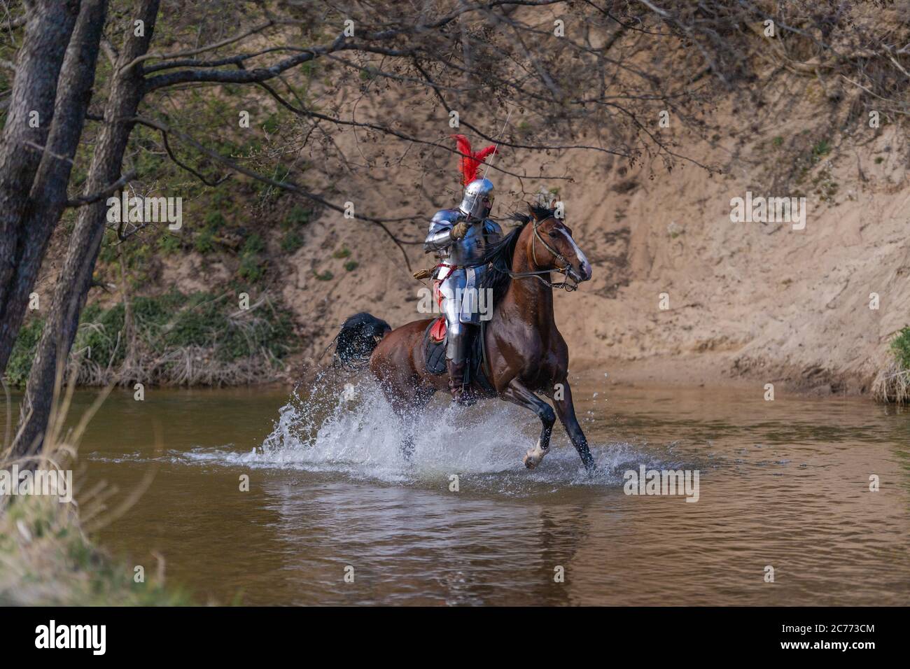 A young adult man in knightly armor rides a horse on a river along a ...