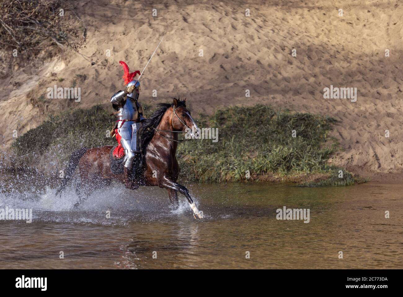 A young adult man in knightly armor rides a horse on a river along a ...
