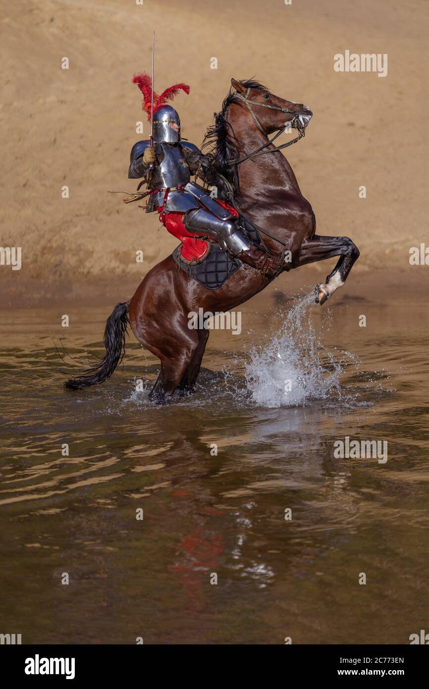 A young adult man in knightly armor rides a horse on a river along a ...