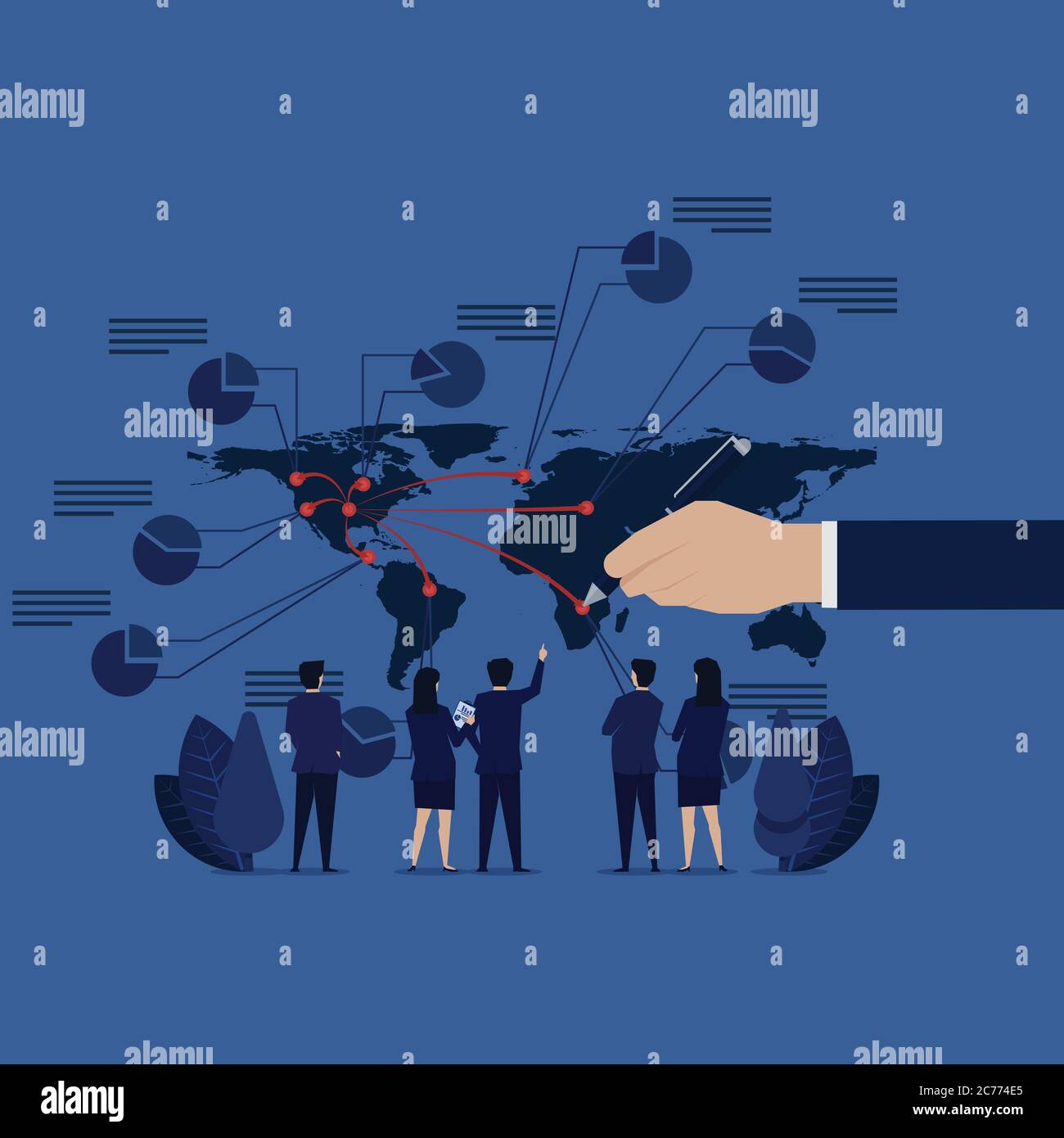 Business expansion. Business team sees world map to calculate financial ...