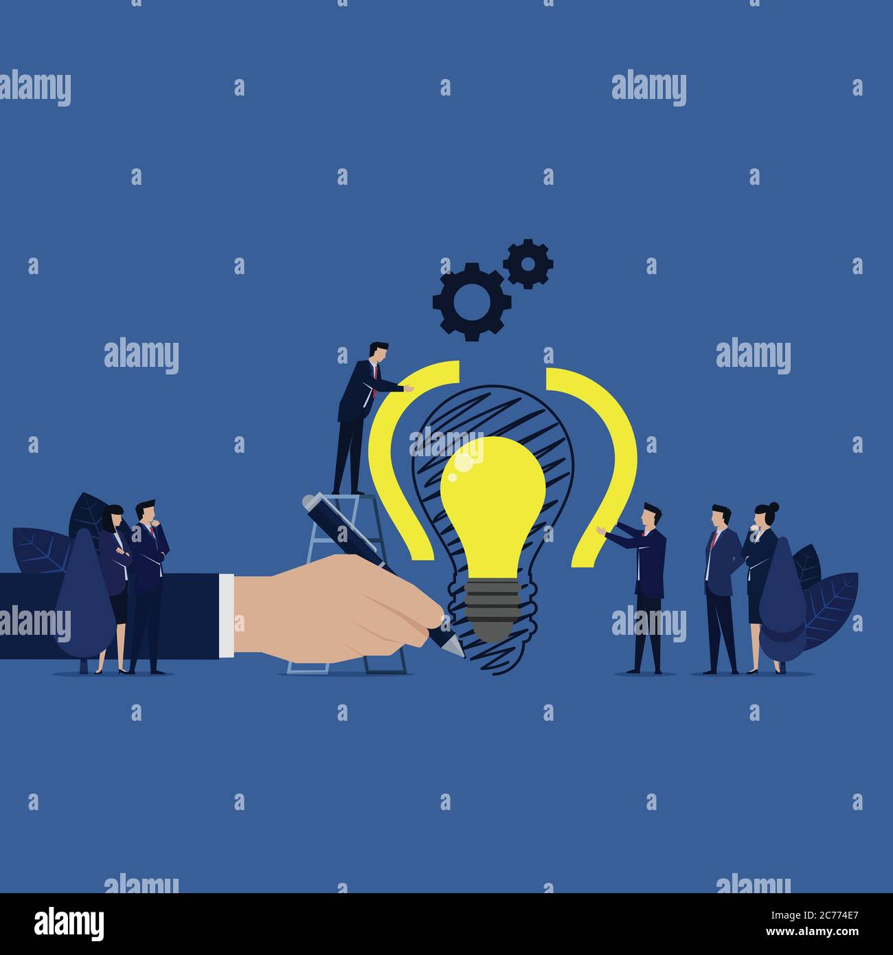 Hand draw bigger line metaphor of think bigger business team put gear ...