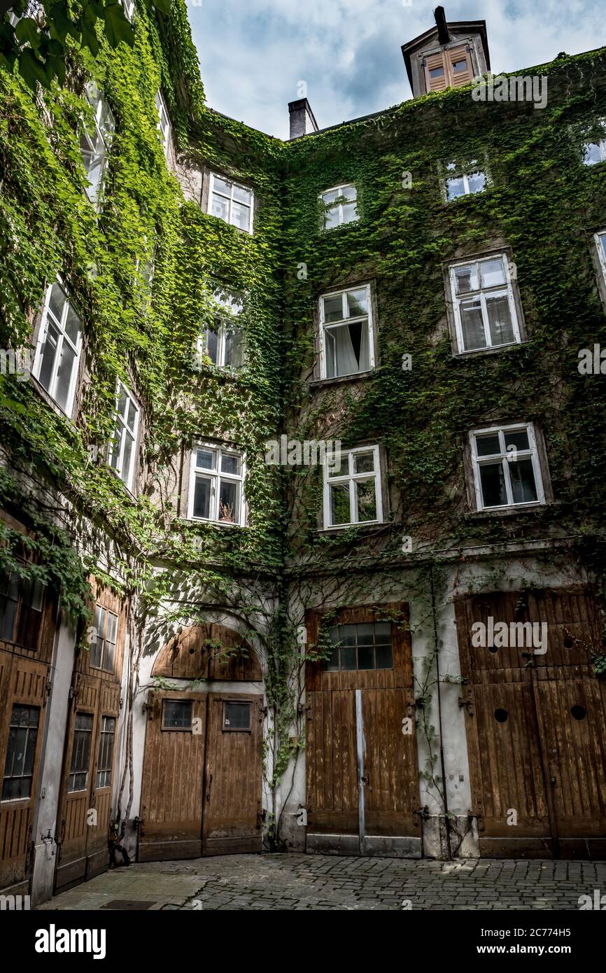 Courtyard Of A HIstoric Building With Wooden Doors And Ivy Overgrown ...