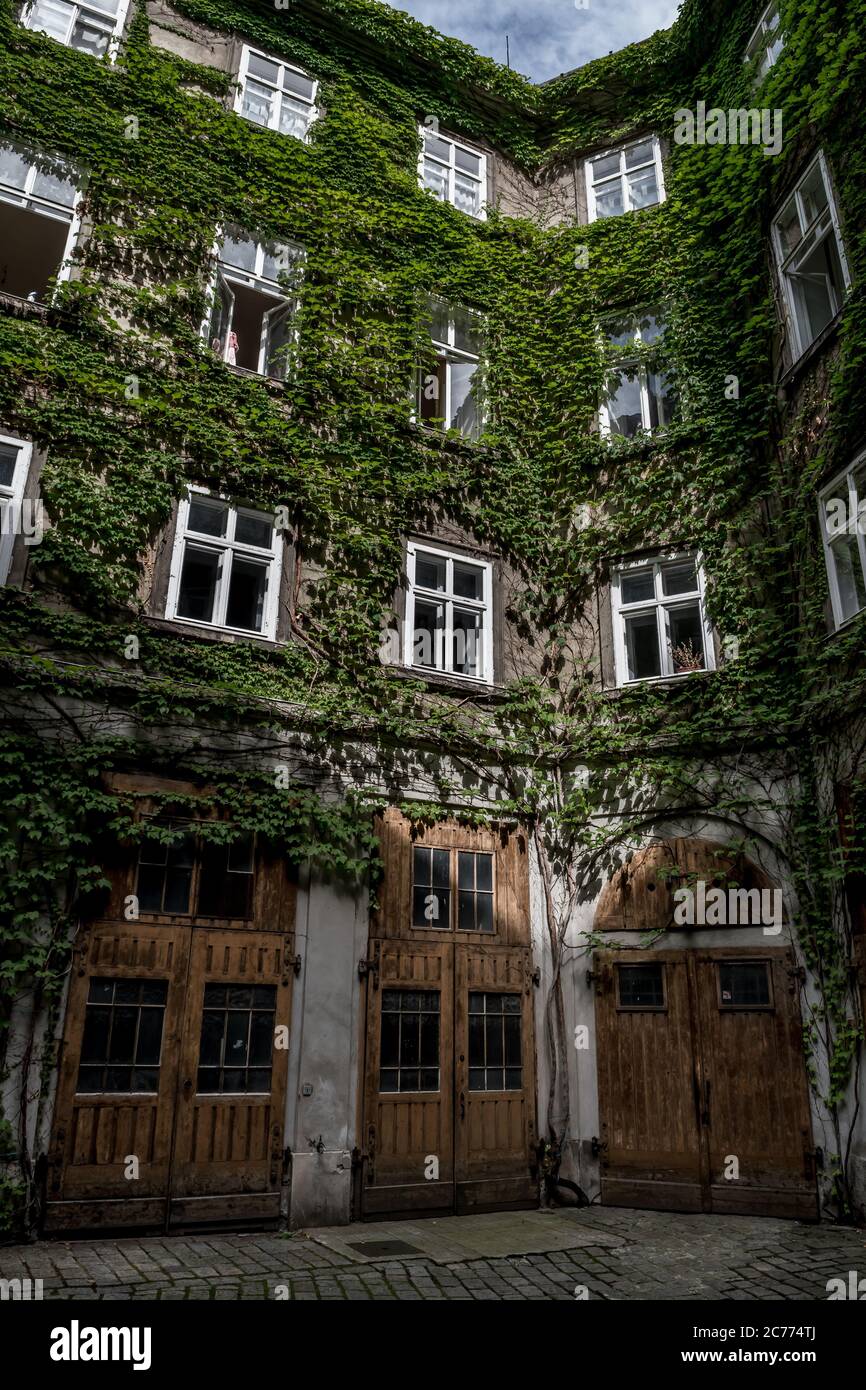 Courtyard Of A HIstoric Building With Wooden Doors And Ivy Overgrown ...