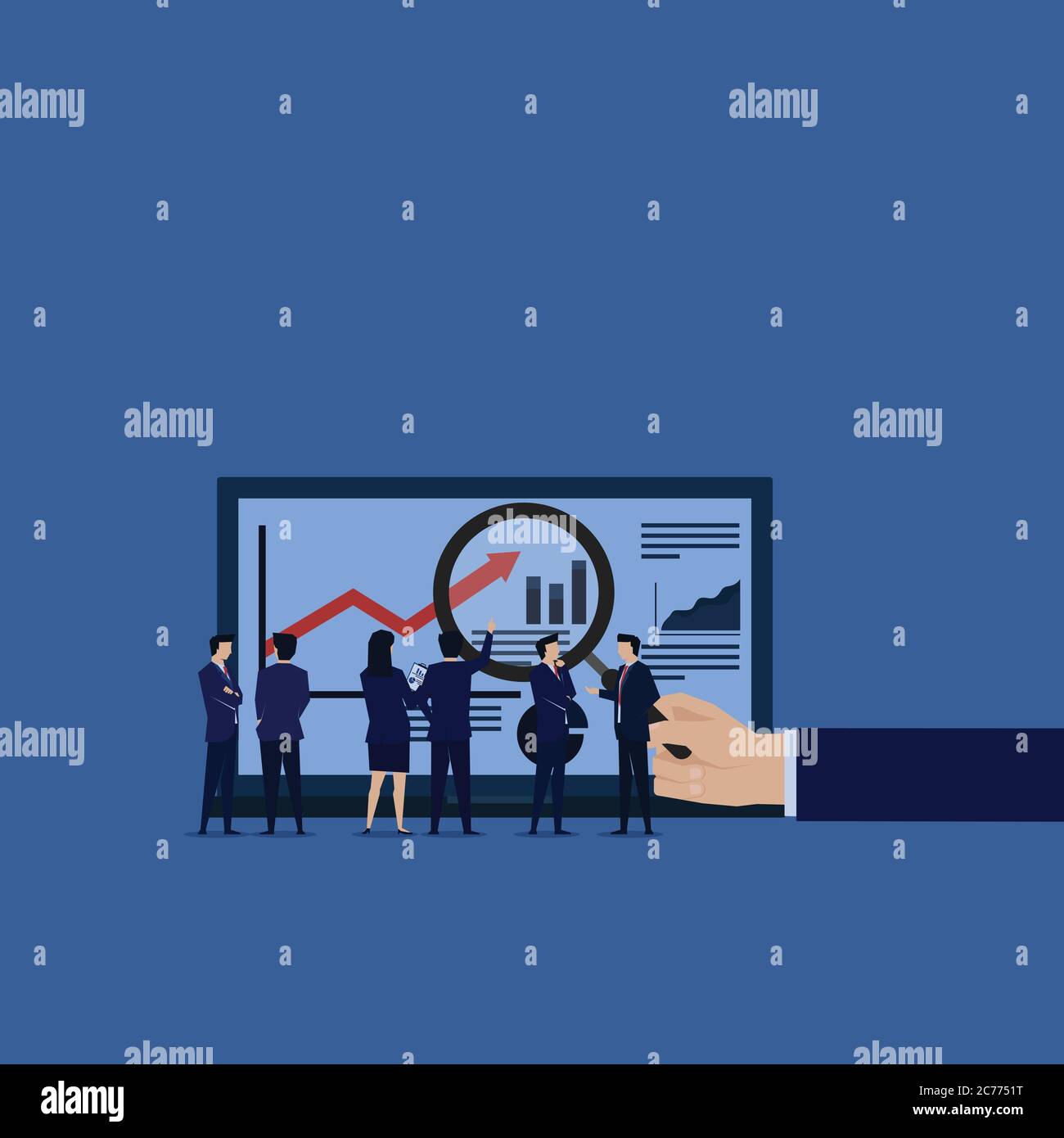 Business team learning infographic data analysis report searching risk ...